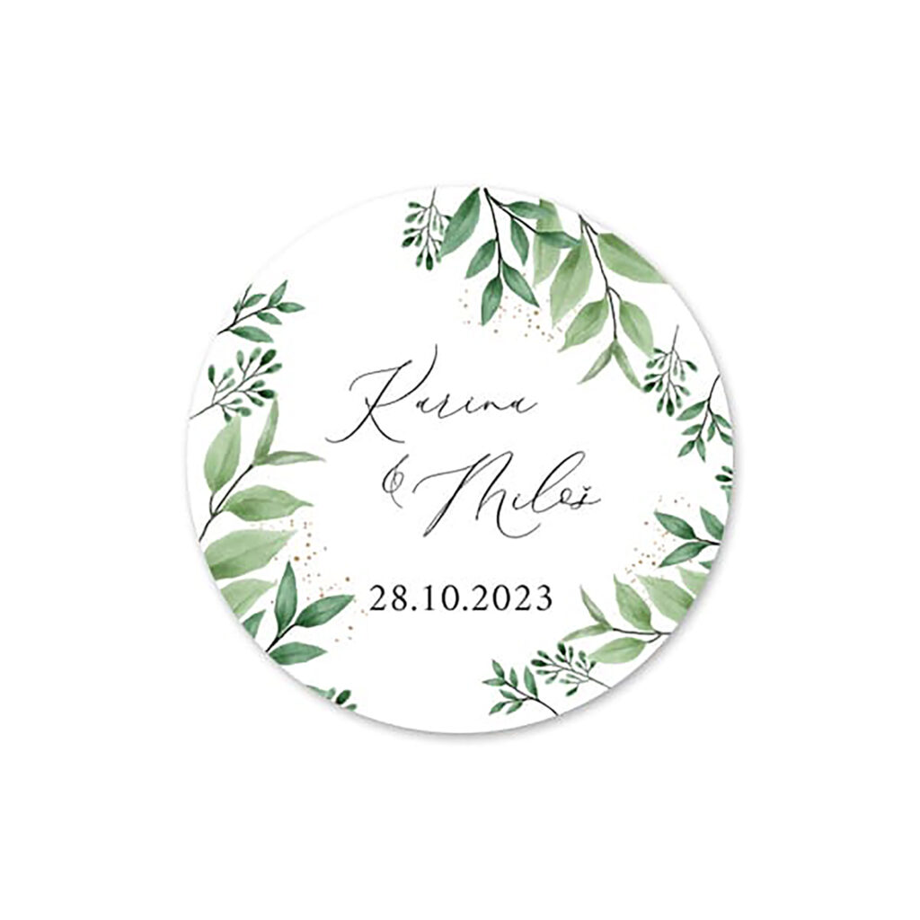 Kulatá svatební samolepka Lístky